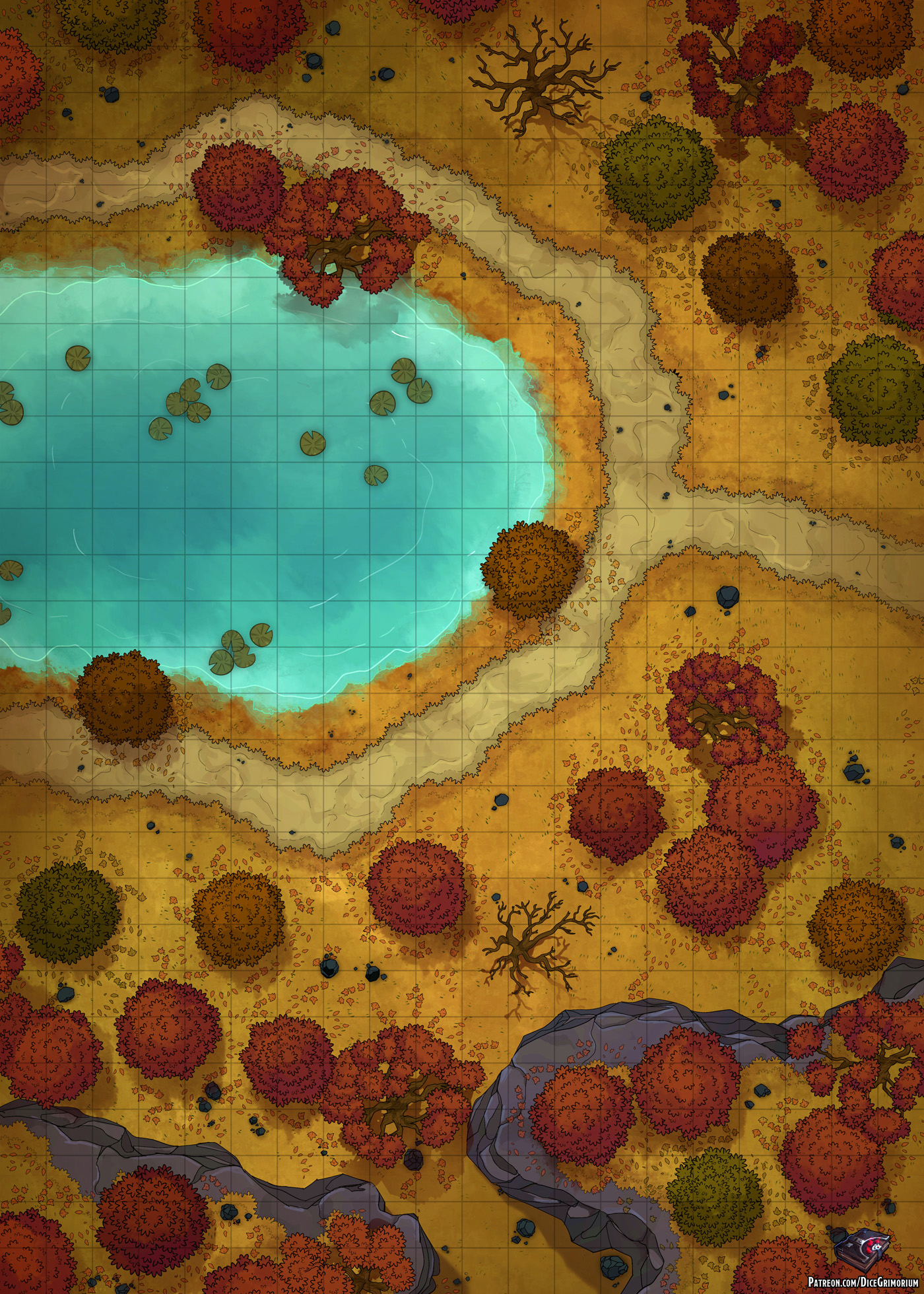 Autumn Forest Lake - D&D Map for Roll20 And Tabletop - Dice Grimorium