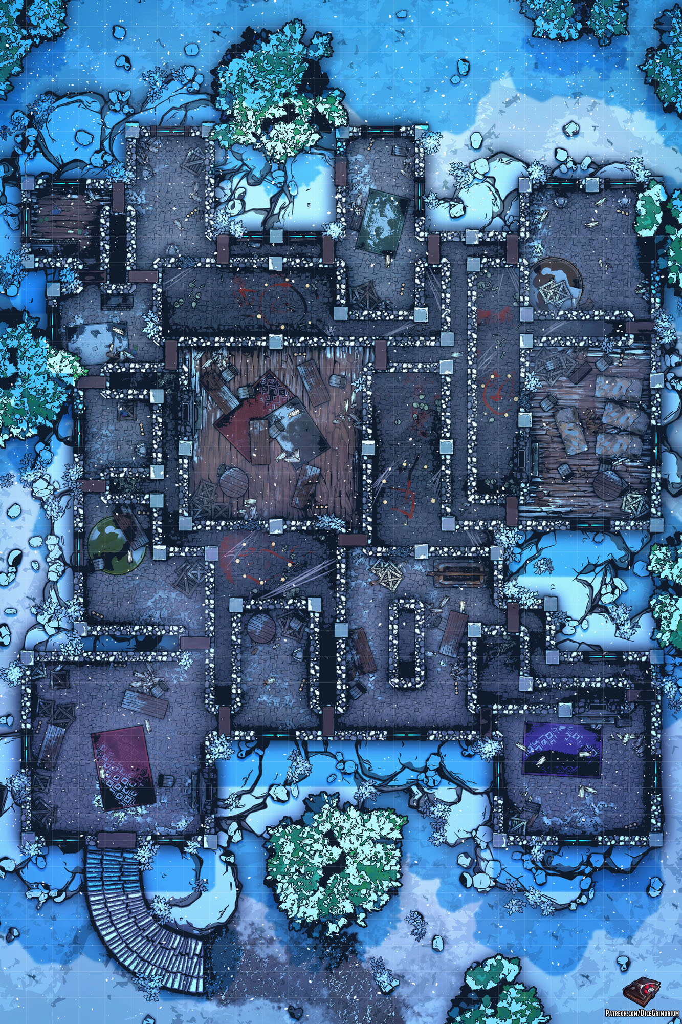 Snowy Ruined Fortress - D&D Map for Roll20 And Tabletop - Dice Grimorium